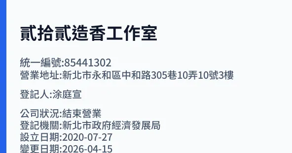 貳拾貳造香工作室的照片-統編 85441302(新北市) 公司登記資料與營業項目詳細圖表