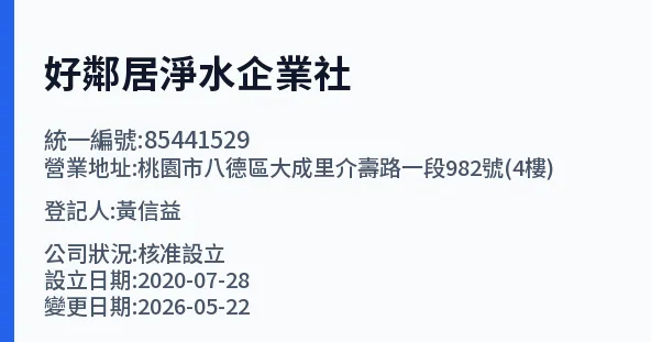 好鄰居淨水企業社的照片-統編 85441529(新北市) 公司登記資料與營業項目詳細圖表