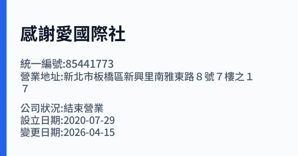 感謝愛國際社的照片-統編 85441773(新北市) 公司登記資料與營業項目詳細圖表