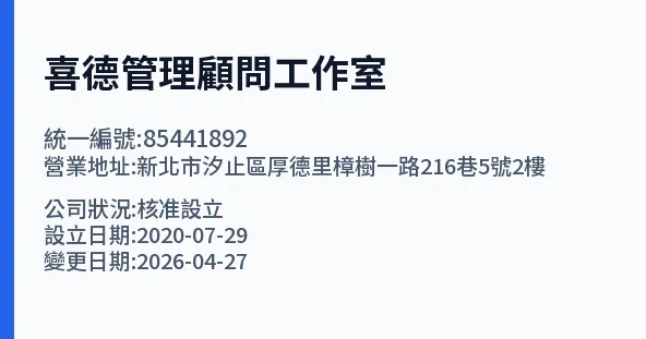 喜德管理顧問工作室的照片-統編 85441892(新北市) 公司登記資料與營業項目詳細圖表