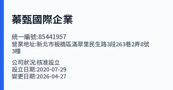 蓁甄國際企業的照片-統編 85441957(新北市) 公司登記資料與營業項目詳細圖表