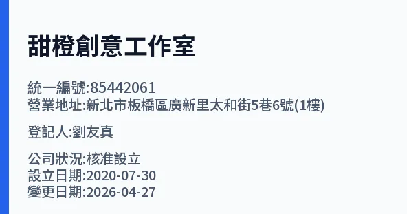 甜橙創意工作室的照片-統編 85442061(新北市) 公司登記資料與營業項目詳細圖表