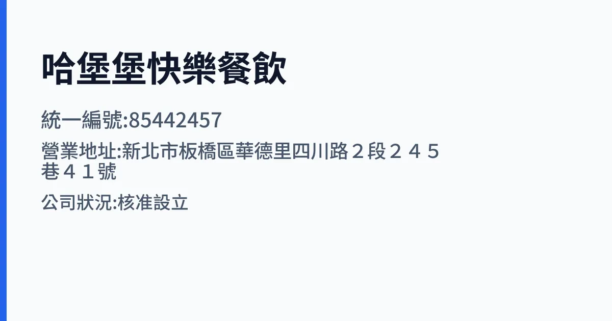 哈堡堡快樂餐飲 - 統編 85442457(新北市) 公司登記資料與營業項目詳細圖表