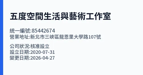 五度空間生活與藝術工作室的照片-統編 85442674(新北市) 公司登記資料與營業項目詳細圖表
