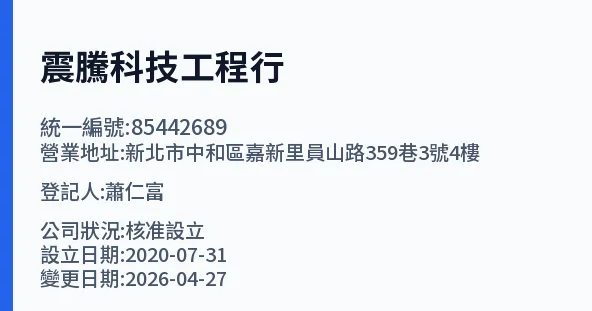 震騰科技工程行的照片-統編 85442689(新北市) 公司登記資料與營業項目詳細圖表