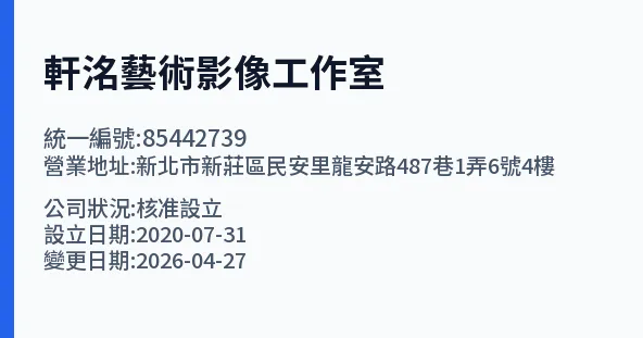 軒洺藝術影像工作室的照片-統編 85442739(新北市) 公司登記資料與營業項目詳細圖表
