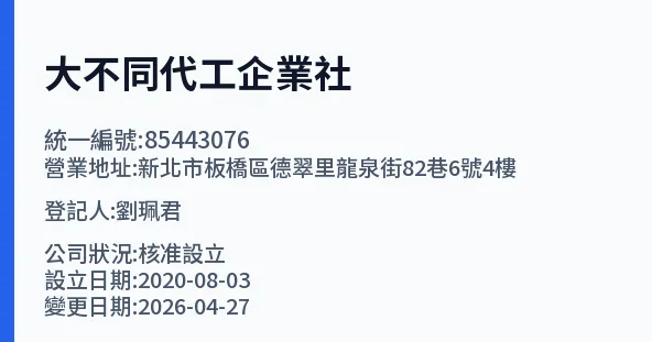 大不同代工企業社的照片-統編 85443076(新北市) 公司登記資料與營業項目詳細圖表