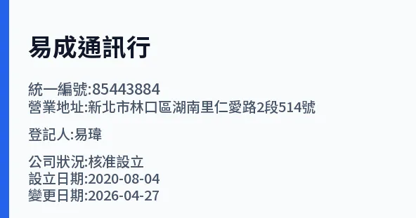 易成通訊行的照片-統編 85443884(新北市) 公司登記資料與營業項目詳細圖表