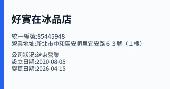 好實在冰品店的照片-統編 85445948(新北市) 公司登記資料與營業項目詳細圖表