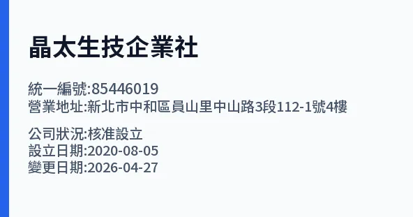 晶太生技企業社的照片-統編 85446019(新北市) 公司登記資料與營業項目詳細圖表