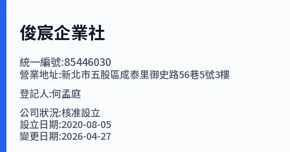 俊宸企業社的照片-統編 85446030(新北市) 公司登記資料與營業項目詳細圖表