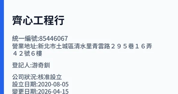 齊心工程行的照片-統編 85446067(新北市) 公司登記資料與營業項目詳細圖表