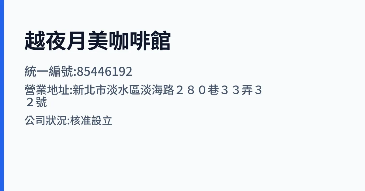 越夜月美咖啡館 - 統編 85446192(新北市) 公司登記資料與營業項目詳細圖表