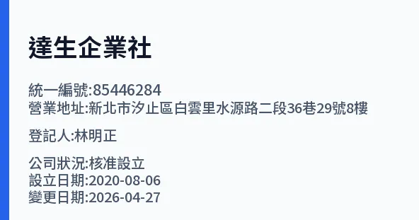 達生企業社的照片-統編 85446284(新北市) 公司登記資料與營業項目詳細圖表