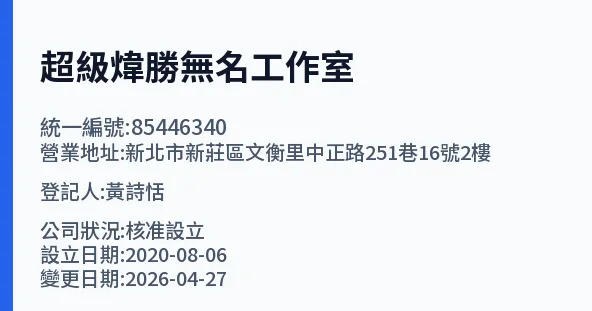 超級煒勝無名工作室的照片-統編 85446340(新北市) 公司登記資料與營業項目詳細圖表