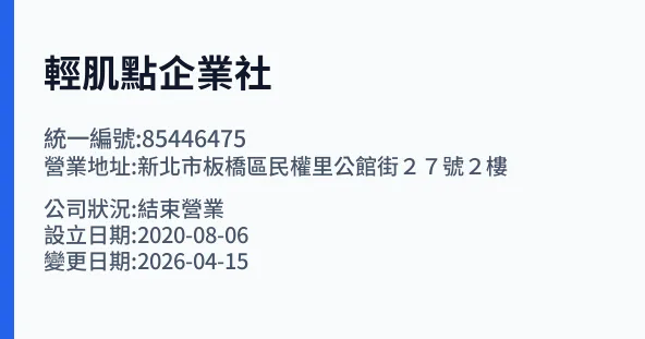 輕肌點企業社的照片-統編 85446475(新北市) 公司登記資料與營業項目詳細圖表
