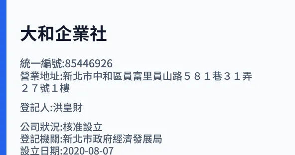 大和企業社的照片-統編 85446926(新北市) 公司登記資料與營業項目詳細圖表