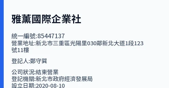 雅薰國際企業社的照片-統編 85447137(新北市) 公司登記資料與營業項目詳細圖表