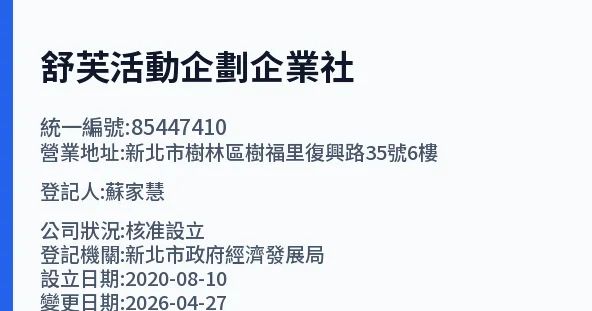 舒芙活動企劃企業社的照片-統編 85447410(新北市) 公司登記資料與營業項目詳細圖表