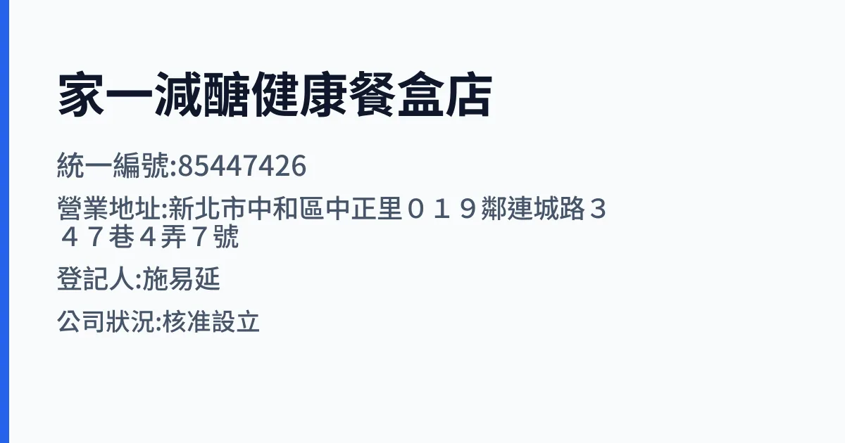 家一減醣健康餐盒店 - 統編 85447426(新北市) 公司登記資料與營業項目詳細圖表