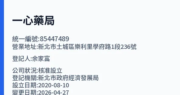 一心藥局的照片-統編 85447489(新北市) 公司登記資料與營業項目詳細圖表