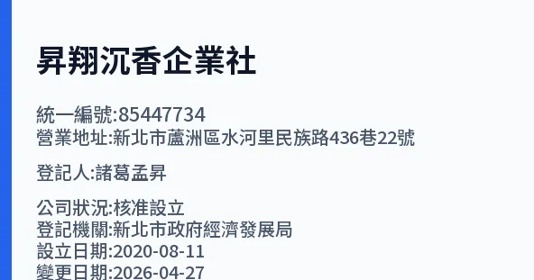 昇翔沉香企業社的照片-統編 85447734(新北市) 公司登記資料與營業項目詳細圖表