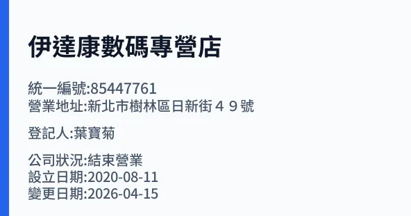 伊達康數碼專營店的照片-統編 85447761(新北市) 公司登記資料與營業項目詳細圖表