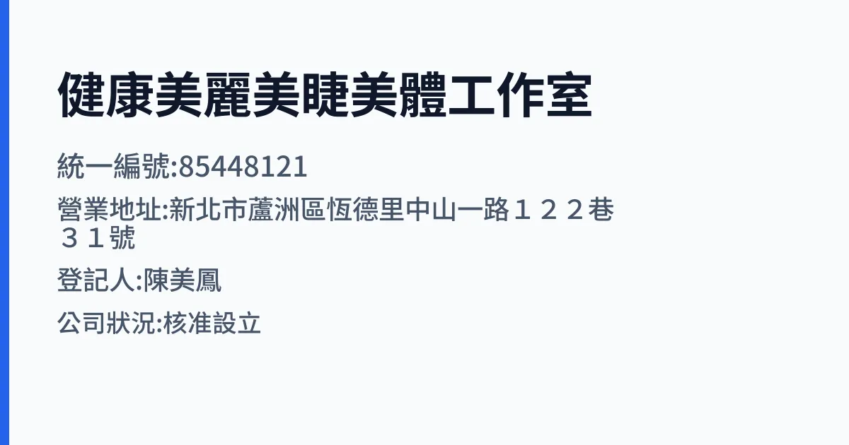 健康美麗美睫美體工作室 - 統編 85448121(新北市) 公司登記資料與營業項目詳細圖表