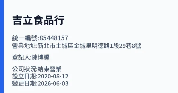 吉立食品行的照片-統編 85448157(新北市) 公司登記資料與營業項目詳細圖表