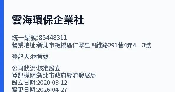 雲海環保企業社的照片-統編 85448311(新北市) 公司登記資料與營業項目詳細圖表