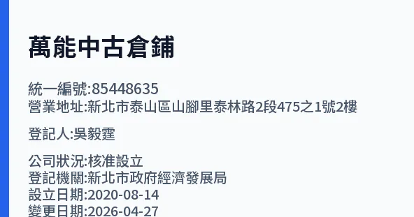 萬能中古倉鋪的照片-統編 85448635(新北市) 公司登記資料與營業項目詳細圖表