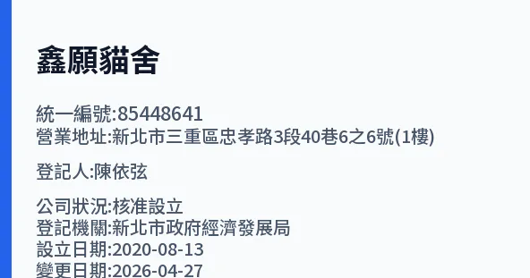 鑫願貓舍的照片-統編 85448641(新北市) 公司登記資料與營業項目詳細圖表