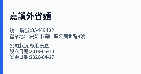 嘉讚外省麵的照片-統編 85449402(高雄市) 公司登記資料與營業項目詳細圖表