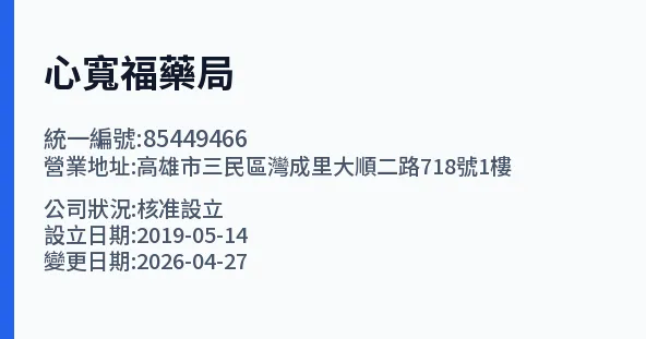 心寬福藥局的照片-統編 85449466(高雄市) 公司登記資料與營業項目詳細圖表