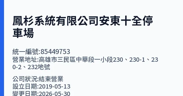 鳳杉系統有限公司安東十全停車場的照片-統編 85449753(高雄市) 公司登記資料與營業項目詳細圖表