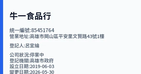 牛一食品行的照片-統編 85451764(高雄市) 公司登記資料與營業項目詳細圖表
