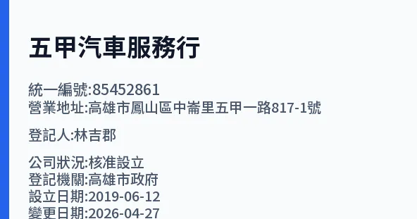 五甲汽車服務行的照片-統編 85452861(高雄市) 公司登記資料與營業項目詳細圖表