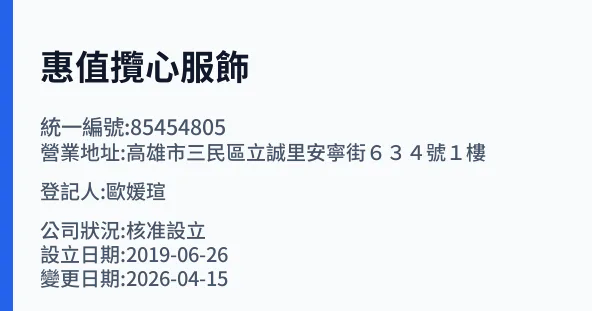 惠值攬心服飾的照片-統編 85454805(高雄市) 公司登記資料與營業項目詳細圖表