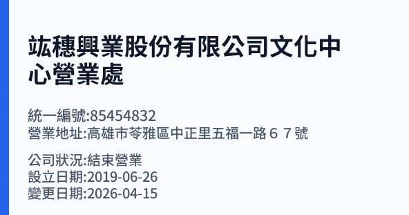 竑穗興業股份有限公司文化中心營業處的照片-統編 85454832(高雄市) 公司登記資料與營業項目詳細圖表