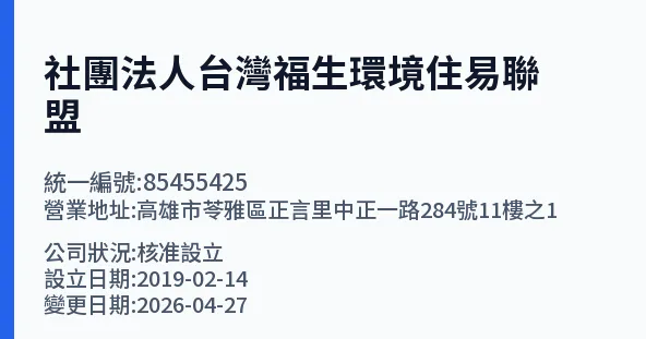 社團法人台灣福生環境住易聯盟的照片-統編 85455425(高雄市) 公司登記資料與營業項目詳細圖表