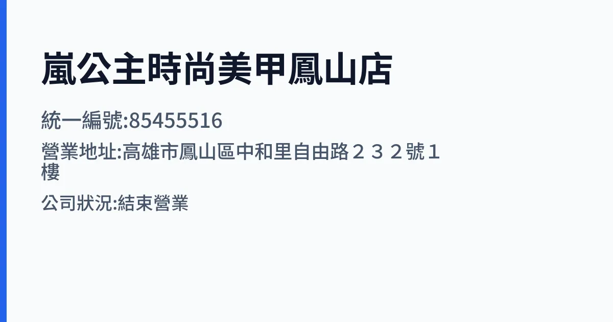 嵐公主時尚美甲鳳山店 - 統編 85455516(高雄市) 公司登記資料與營業項目詳細圖表
