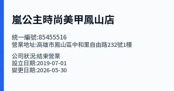 嵐公主時尚美甲鳳山店的照片-統編 85455516(高雄市) 公司登記資料與營業項目詳細圖表