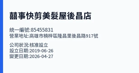 囍事快剪美髮屋後昌店的照片-統編 85455831(高雄市) 公司登記資料與營業項目詳細圖表