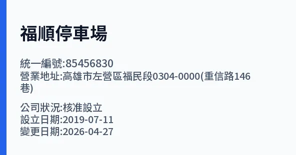 福順停車場的照片-統編 85456830(高雄市) 公司登記資料與營業項目詳細圖表