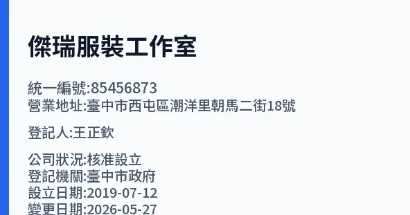 傑瑞服裝工作室的照片-統編 85456873(臺中市) 公司登記資料與營業項目詳細圖表
