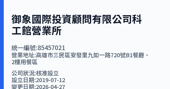 御象國際投資顧問有限公司科工館營業所的照片-統編 85457021(高雄市) 公司登記資料與營業項目詳細圖表