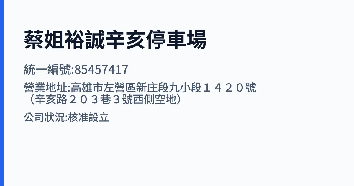 蔡姐裕誠辛亥停車場 - 統編 85457417(高雄市) 公司登記資料與營業項目詳細圖表