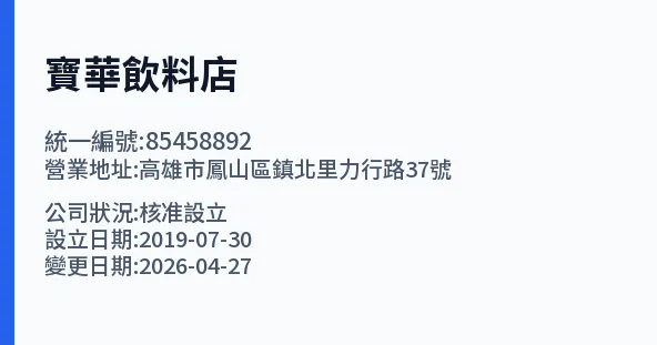 寶華飲料店的照片-統編 85458892(高雄市) 公司登記資料與營業項目詳細圖表