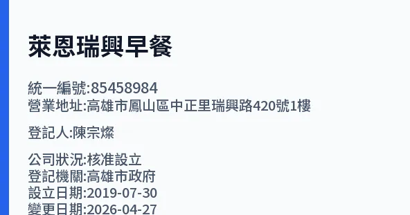 萊恩瑞興早餐的照片-統編 85458984(高雄市) 公司登記資料與營業項目詳細圖表