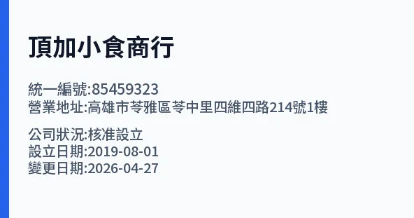 頂加小食商行的照片-統編 85459323(高雄市) 公司登記資料與營業項目詳細圖表